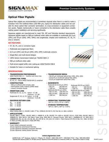 SignaMax Premium Optical Fiber Pigtails Specification | Manualzz