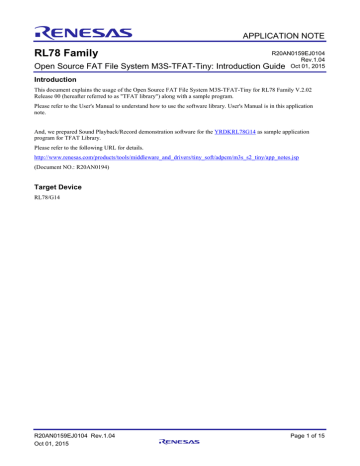 FAT File System RL78 M3S-TFAT-Tiny Application Note | Manualzz
