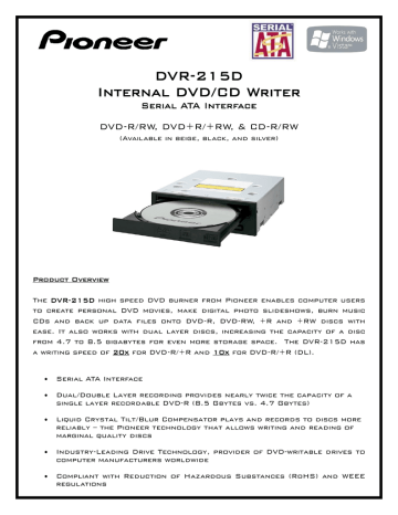Pioneer 215D - DVR - Disk Drive Product Overview | Manualzz