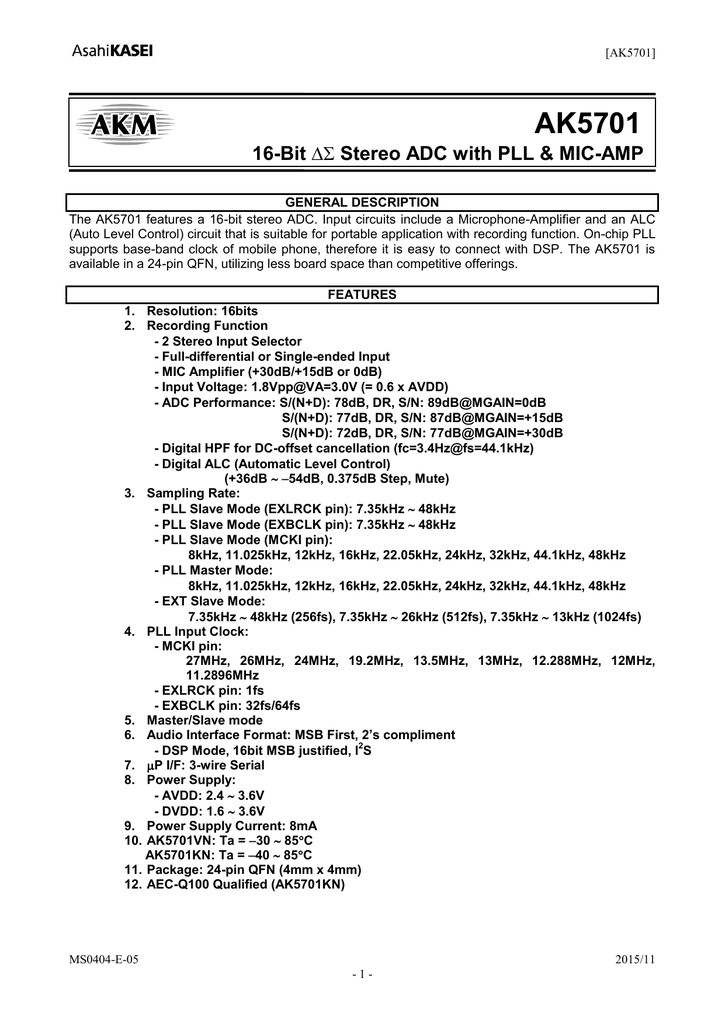 AKM AK5701KN Spec sheet | Manualzz