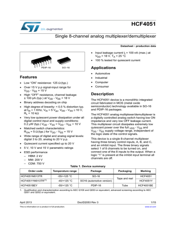 STMicroelectronics HCF4051 Datasheet | Manualzz