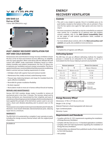 Venmar Duo 2.0 ERV Air Exchanger Specification Sheet | Manualzz