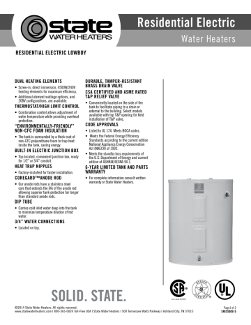State Water Heaters ES6-50-DOLS Select® 50-Gallon Standard Electric ...
