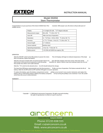 Extech 392050 Stem Thermometer Instruction Manual | Manualzz