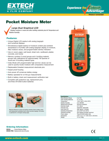 Extech Instruments MO230 Pocket Moisture Meter Datasheet | Manualzz
