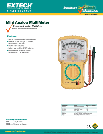 Extech Instruments 38073 Mini Analog MultiMeter Datasheet | Manualzz
