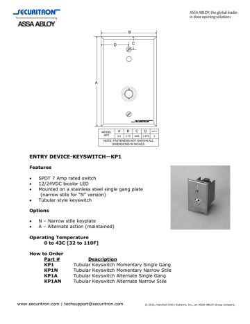 Securitron KP1 Tubular Keyswitch Specifications | Manualzz