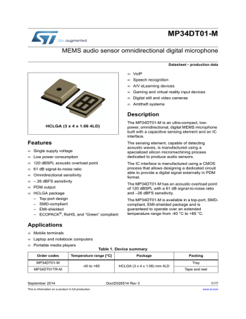 STMicroelectronics MEMS audio sensor omnidirectional digital microphone Datasheet | Manualzz