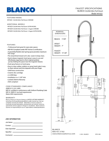 BLANCO 441625 Single Lever Pull-Down Kitchen Faucet Spec sheet | Manualzz