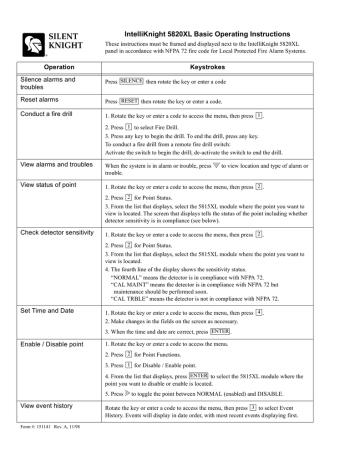 SILENT KNIGHT INTELLIKNIGHT 5820XL Basic Operating Instructions | Manualzz