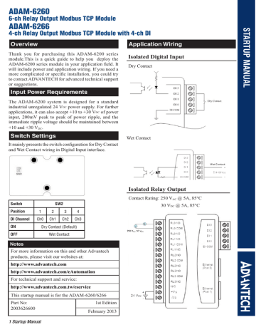 Advantech ADAM-6266 4Relay/4DI IoT Modbus/SNMP/MQTT 2Ports Ethernet Remote I/O Manual | Manualzz