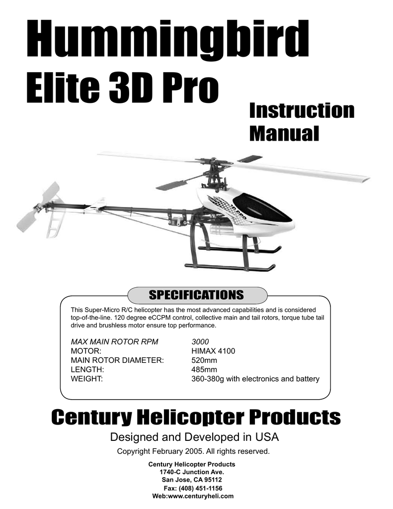 Century Helicopter Products Hummingbird Elite 3D Pro Instruction manual ...