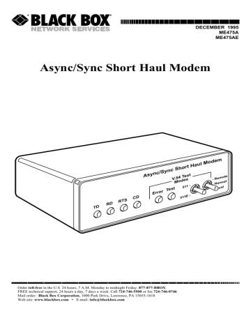 Black Box ME475A/AE Async/Sync Short Haul Modem User Manual | Manualzz