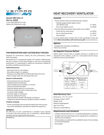 Venmar Solo 2.4 HRV Air Exchanger Specification Sheet | Manualzz