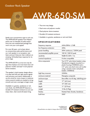 Klipsch AWR-650-SM Outdoor Rock Speaker Spec sheet | Manualzz