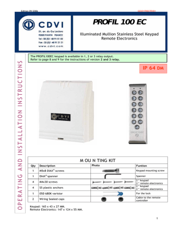 CDVI PROFIL 100 EC Operating and Installation Instructions | Manualzz