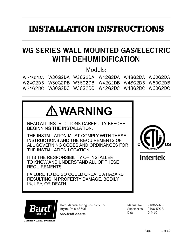 Bard W60G2DB Installation Instructions Manual | Manualzz