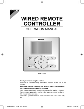 Daikin BRC1E62 Wired Remote Controller Operation Manual | Manualzz