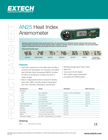 Extech Instruments AN25 Heat Index Anemometer Datasheet | Manualzz