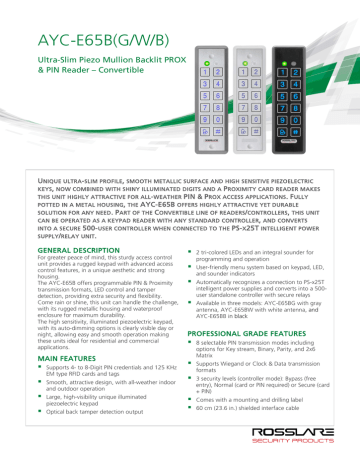 Rosslare AYC-E65B/B/W/G Ultra-Slim Piezo Mullion Backlit PROX & PIN Reader – Convertible Data ...