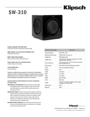 Klipsch SW-310 Subwoofer Spec sheet | Manualzz