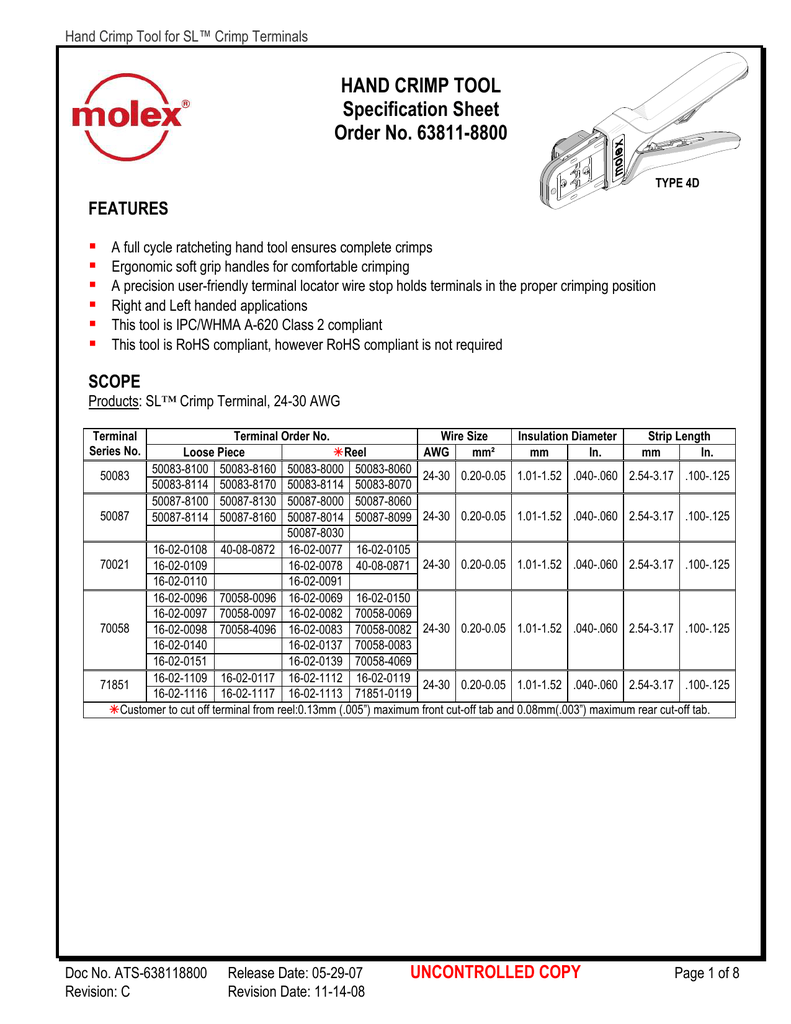 Hand Crimp Tool Specification Sheet