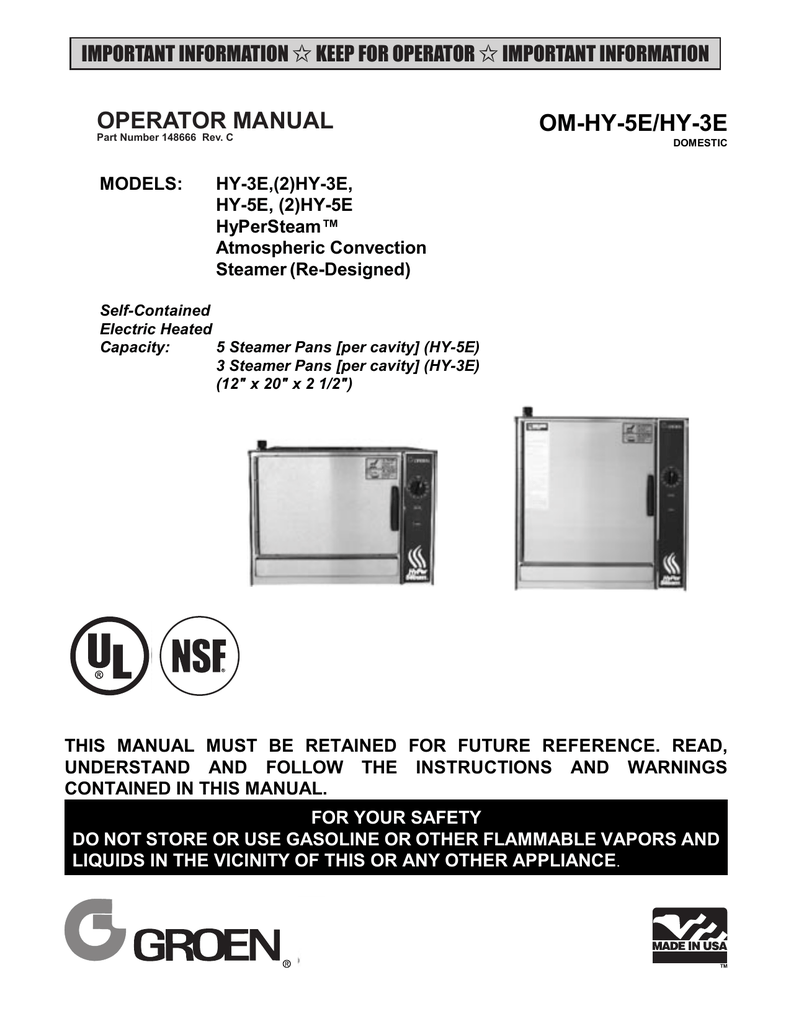 Hypersteam Atmospheric Convection Steamer, Model HY-3E, (2)HY-3E, HY-5E ...