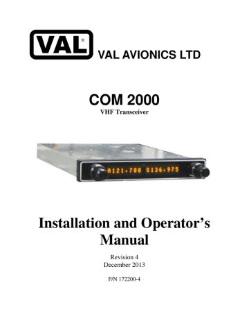 VAL Avionics COM 2000 Installation And Operator's Manual | Manualzz
