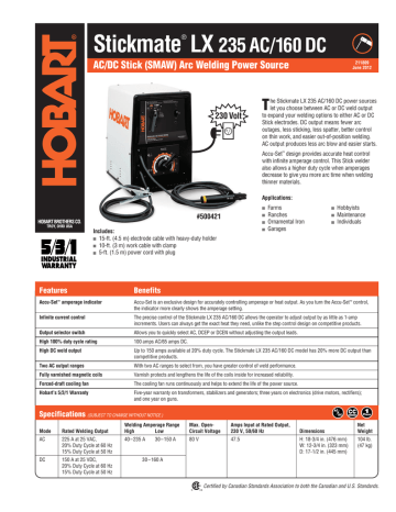 Hobart Welding Products LX 235 AC Specification Sheet | Manualzz
