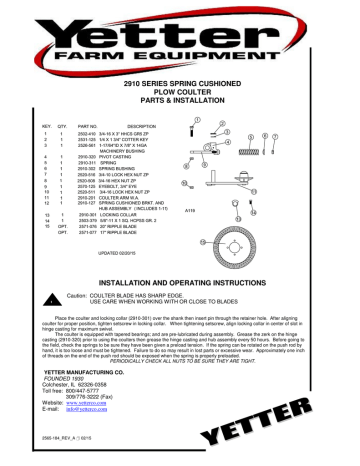 Yetter 2910 SERIES SPRING CUSHIONED Plow Coulter Installation and ...