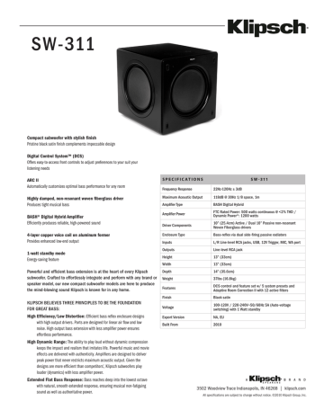 Klipsch SW-311 Subwoofer Spec sheet | Manualzz