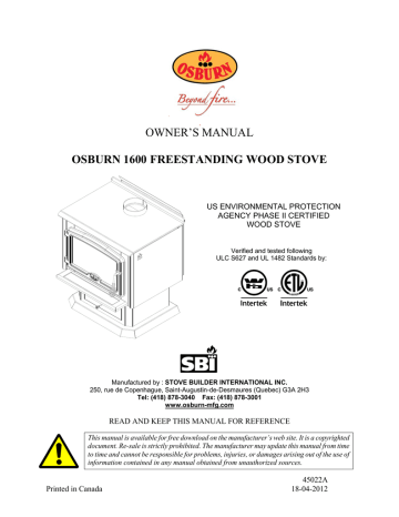 Osburn 1600 Freestanding Wood Stove Owner's Manual | Manualzz