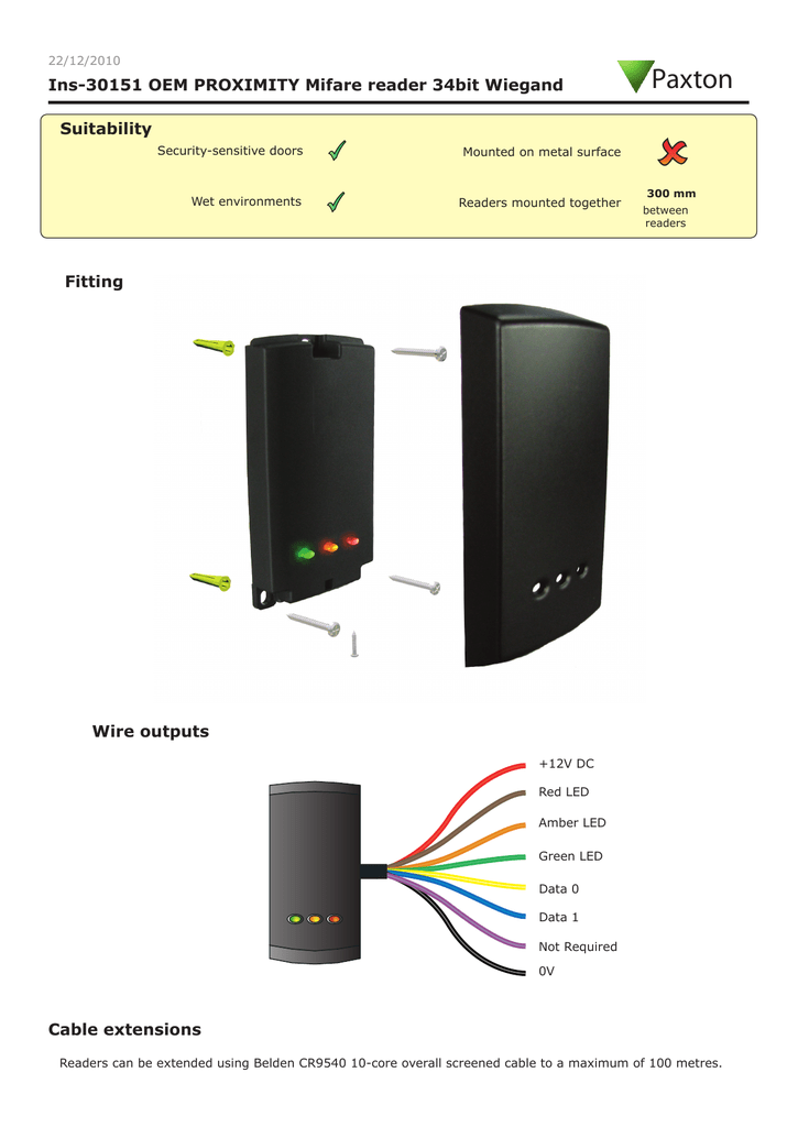 Paxton OEM Proximity Mifare reader 34bit Wiegand User guide | Manualzz