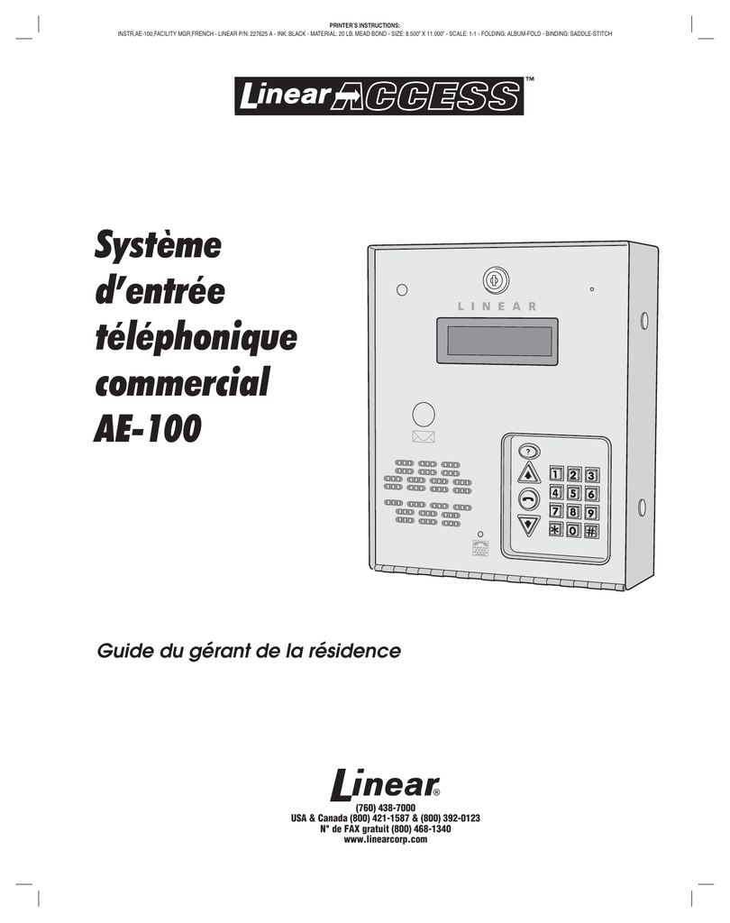 Linear AE-100 Home Security System Manuel utilisateur | Manualzz