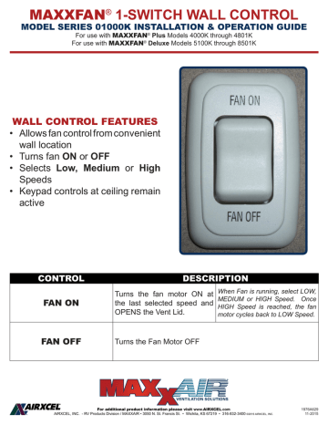Airxcel MAXXFAN Plus 4000K Installation & Operation Manual | Manualzz