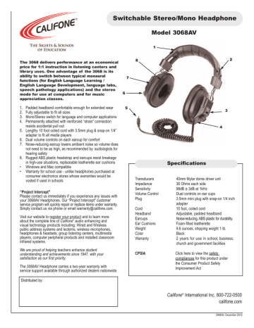 Califone 3068AV Over-Ear Headphone Specification Sheet | Manualzz