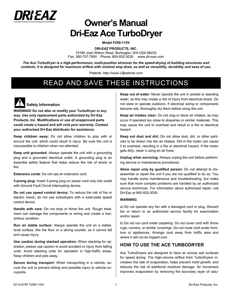 Dri-Eaz Ace TurboDryer F259-115V Owner's Manual | Manualzz