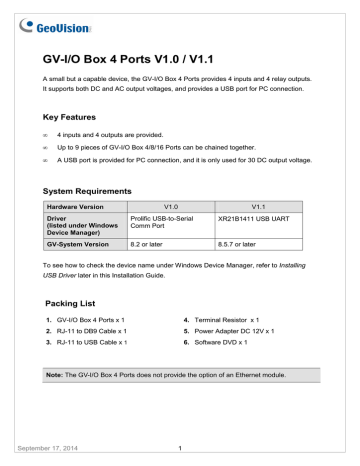 GeoVision GV-I/O Box 4 Ports Installation Guide | Manualzz
