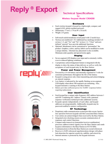 Reply Wireless Keypad CRS4200 Technical Specifications | Manualzz