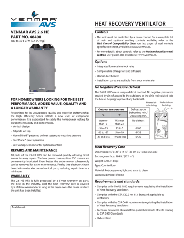 Venmar HE 2.6 HRV Air Exchanger Specification Sheet | Manualzz