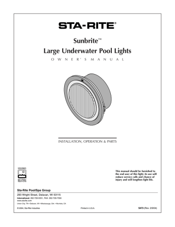 Sta-Rite Sunbrite™ Underwater Pool Lights Owner's Manual | Manualzz