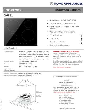 Induction Cooktop CI6SE1 CI6SE1 Specification | Manualzz