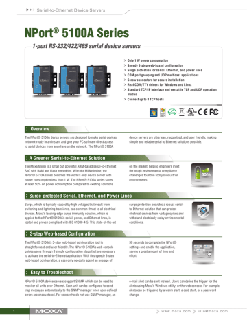 Moxa NPORT 5110A/5130A/5150A NPort® 5100A, 1-port RS-232/422/485 Serial Device Server Datasheet ...
