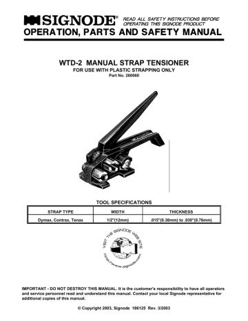 Signode WTD-2 Operation, Safety And Parts Manual | Manualzz