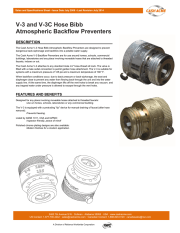 V-3 and V-3C Atmospheric Backflow Preventers | Manualzz