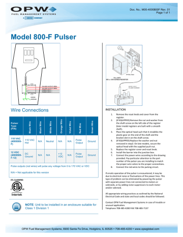 OPW 800 800-F Pulser Installation Guide | Manualzz