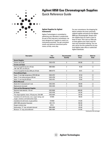 Agilent 6850 Gas Chromatograph Quick Reference Guide | Manualzz