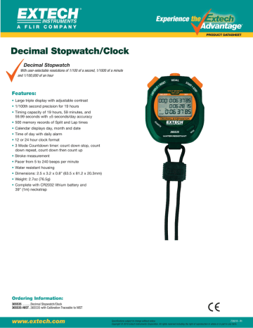 Extech Instruments 365535 Decimal Stopwatch/Clock Datasheet | Manualzz