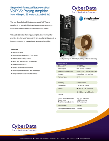 CyberData 011085 Singlewire InformaCast Paging Amplifier (Replacement Product Below) Datasheet ...