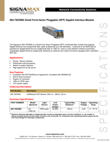 SignaMax 1000Base SFP Fiber Modules – 80 km Specification | Manualzz